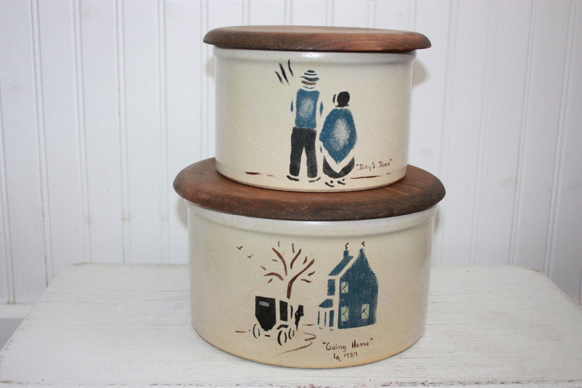 1987 Vintage Stoneware Crock Canister Set With Wood Lids | Etsy