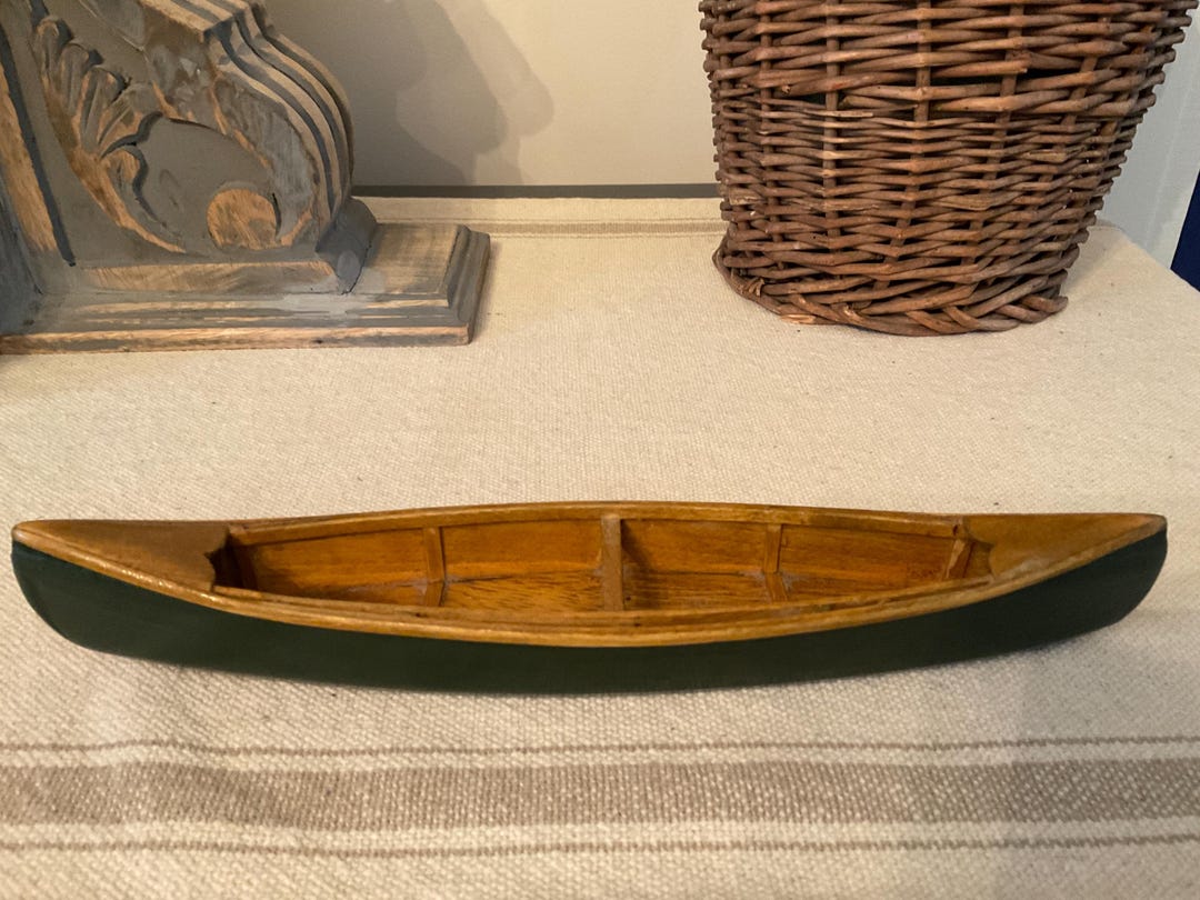 Small Green and Natural Wood Canoe Decor, 9.25 Inch Long Wood Canoe ...