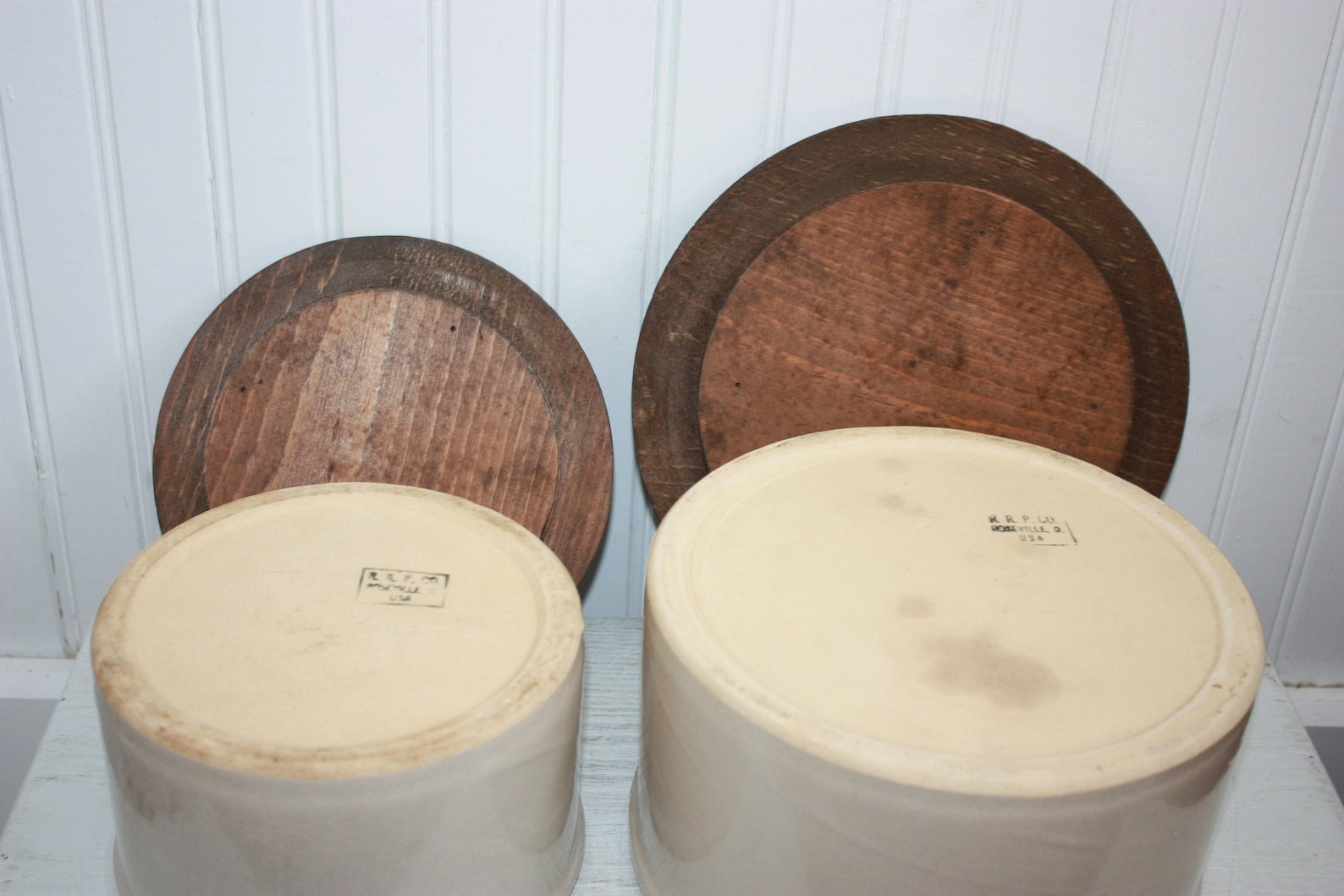 1987 Vintage Stoneware Crock Canister Set With Wood Lids, Amish ...