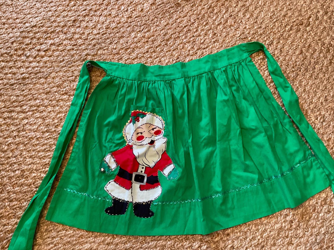 Vintage Christmas Half Apron, Santa Motif on Green Apron With Ties ...