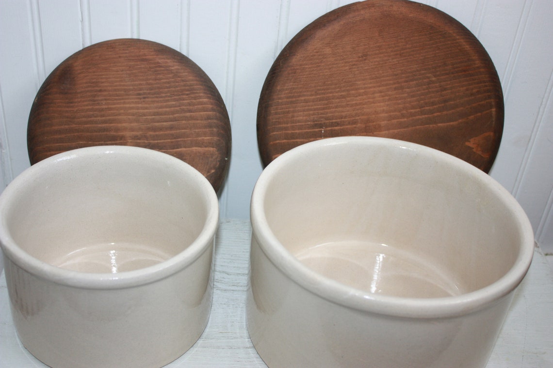 1987 Vintage Stoneware Crock Canister Set With Wood Lids | Etsy