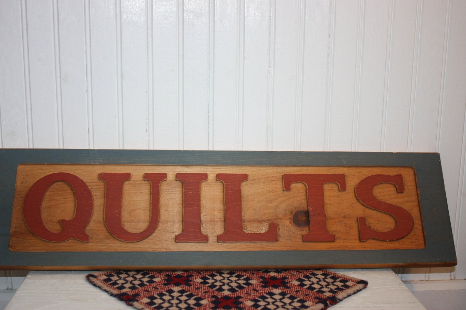 Vintage 1980s - 1990s Wood "quilts" Sign, Red and Blue Painted "quilts ...