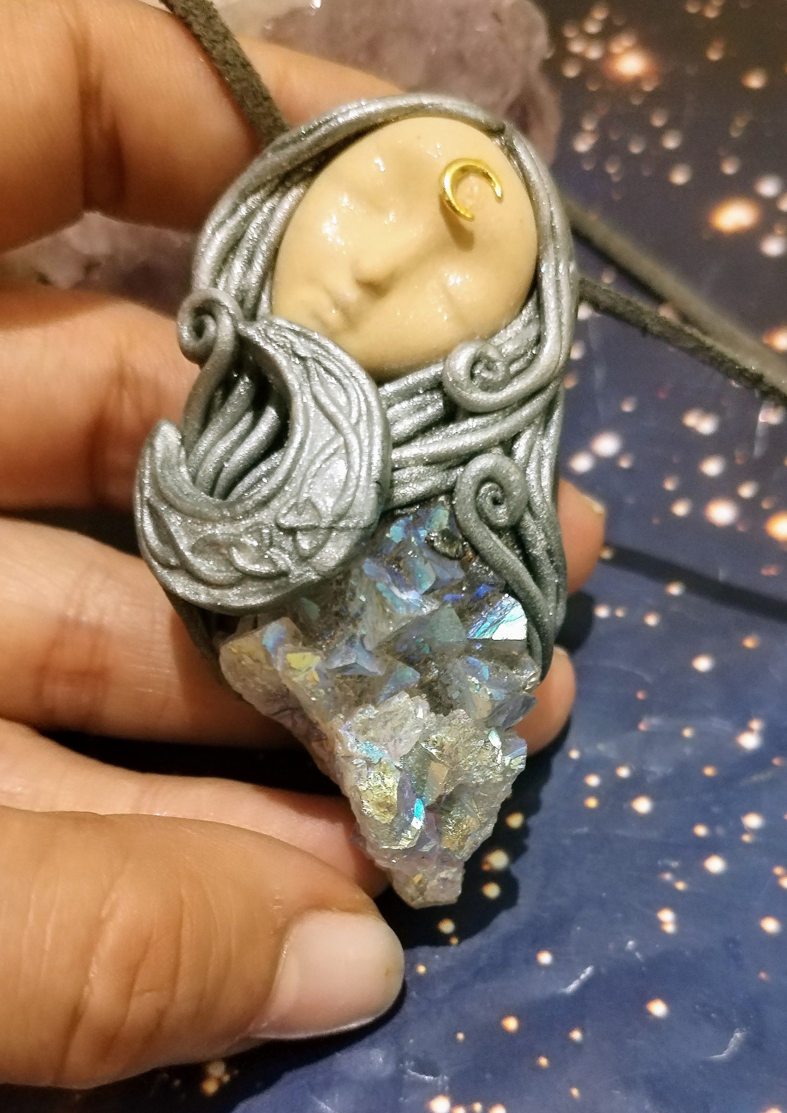 Triple Moon Goddess Necklace. Celestial Clay Goddess Aura Quartz ...