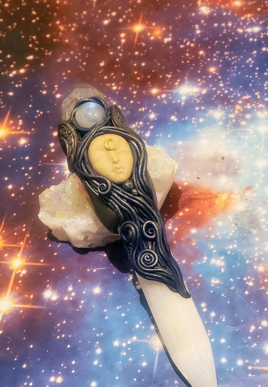 Triple Moon Magic Crystal Wand Selenite Wiccan Wand. Moon Goddess Altar ...