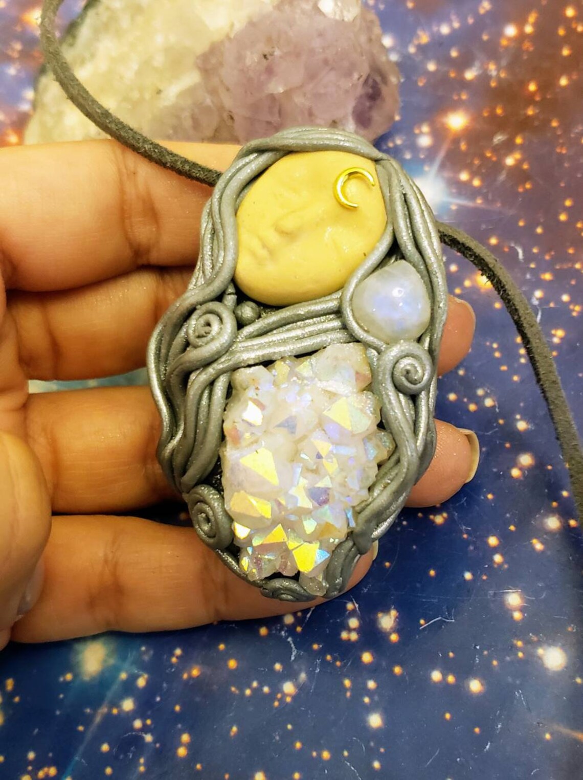 Triple Moon Goddess Necklace. Celestial Clay Goddess Aura - Etsy
