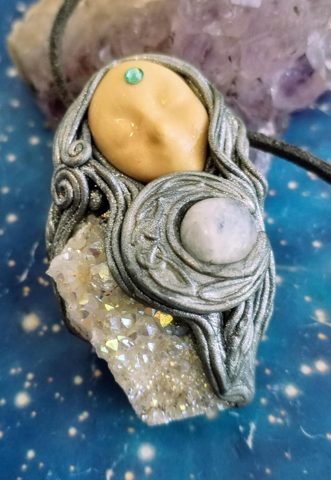 Selene. Triple Moon Goddess Wiccan Necklace. Moonstone Aura Quartz ...