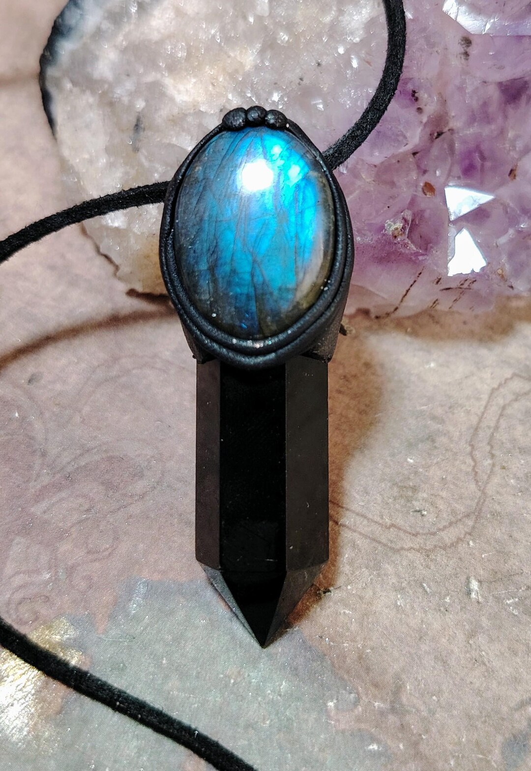 Psychic Shield. Obsidian Protection Amulet Necklace. Labradorite Energy ...