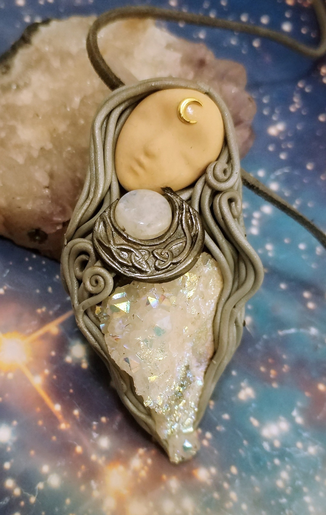 Triple Moon Goddess Necklace. Celestial Clay Goddess Aura Quartz ...