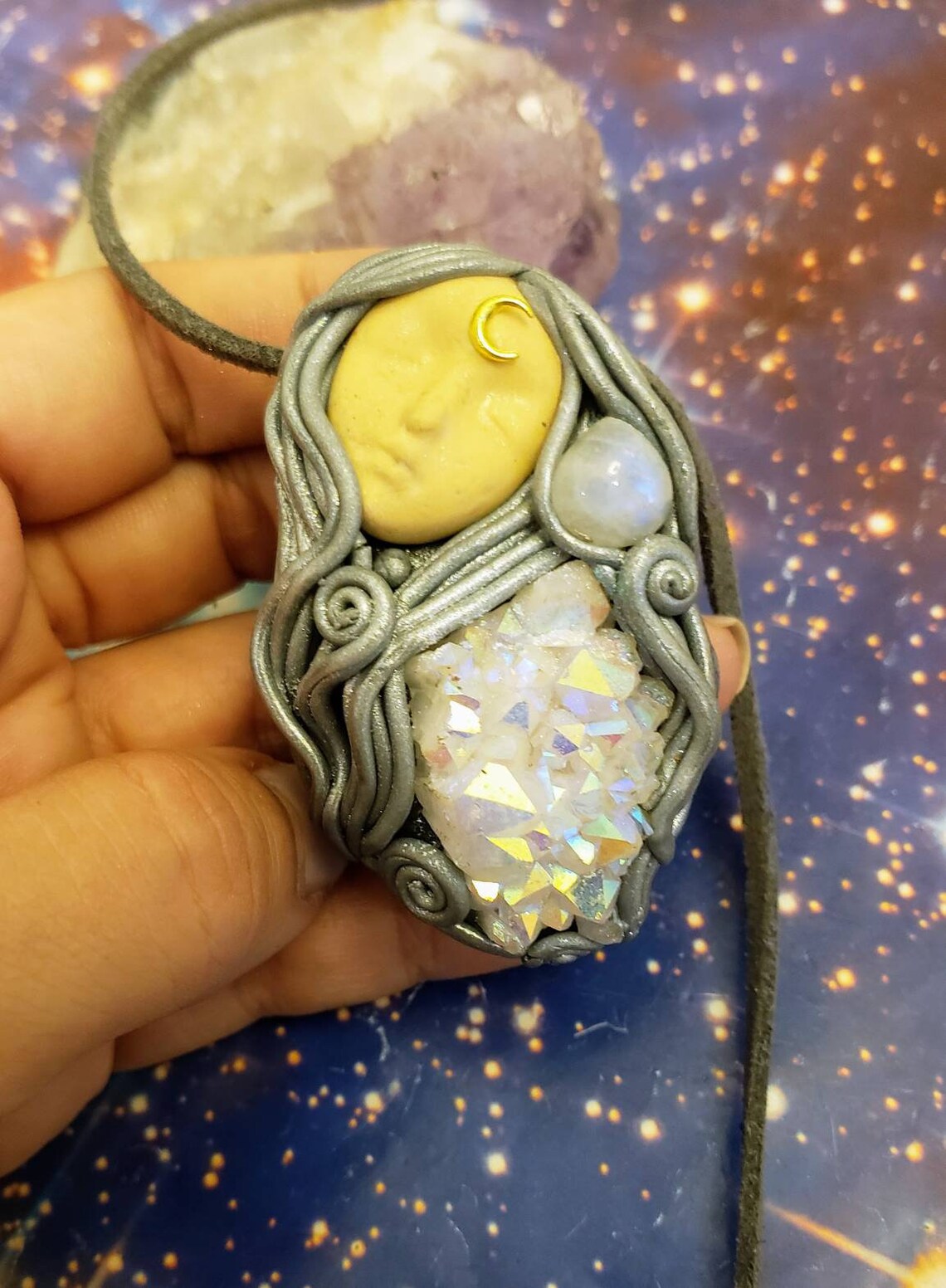 Triple Moon Goddess Necklace. Celestial Clay Goddess Aura - Etsy