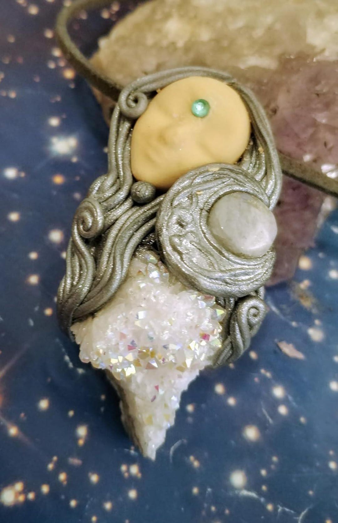 Triple Moon Goddess Necklace W Moonstone and Angel Aura Crystal. Celtic ...