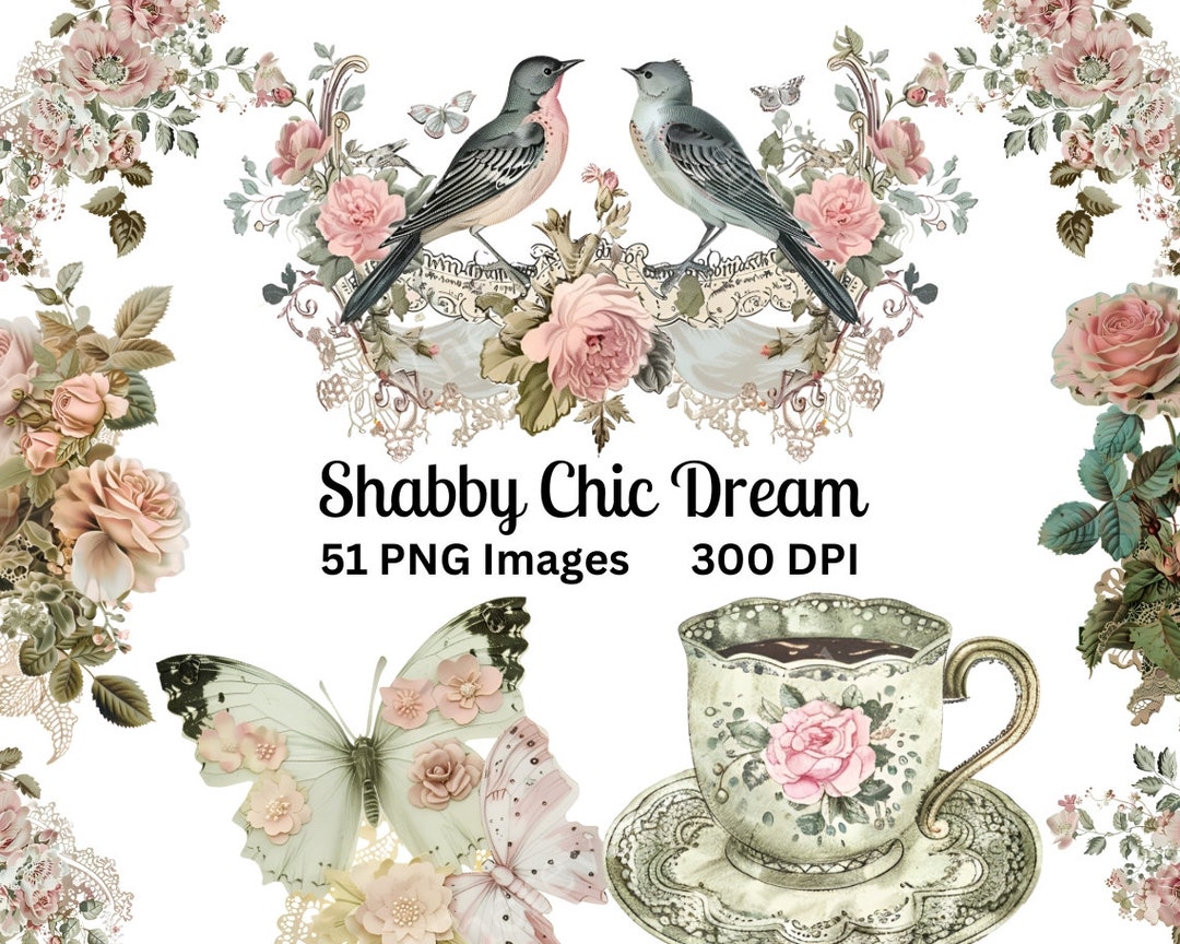 Shabby Chic Clipart, Floral Rose Clipart, Flower PNG, Bird Images ...