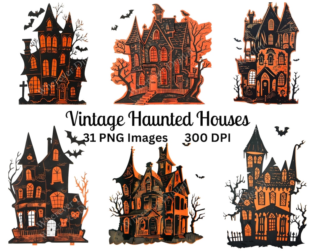 Vintage Haunted House Halloween Clipart, Haunted Graphics PNG Bundle ...