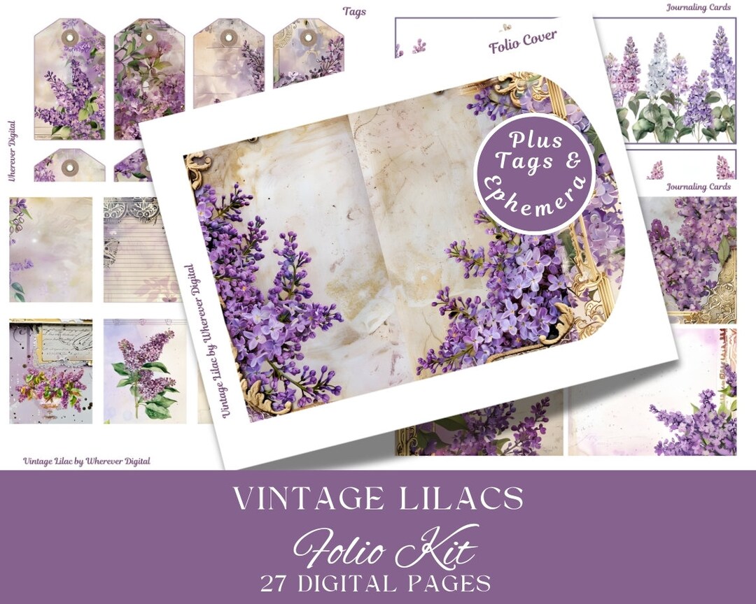 Vintage Lilacs Folio Kit, Printable Folio, Floral Garden Papers, Junk ...