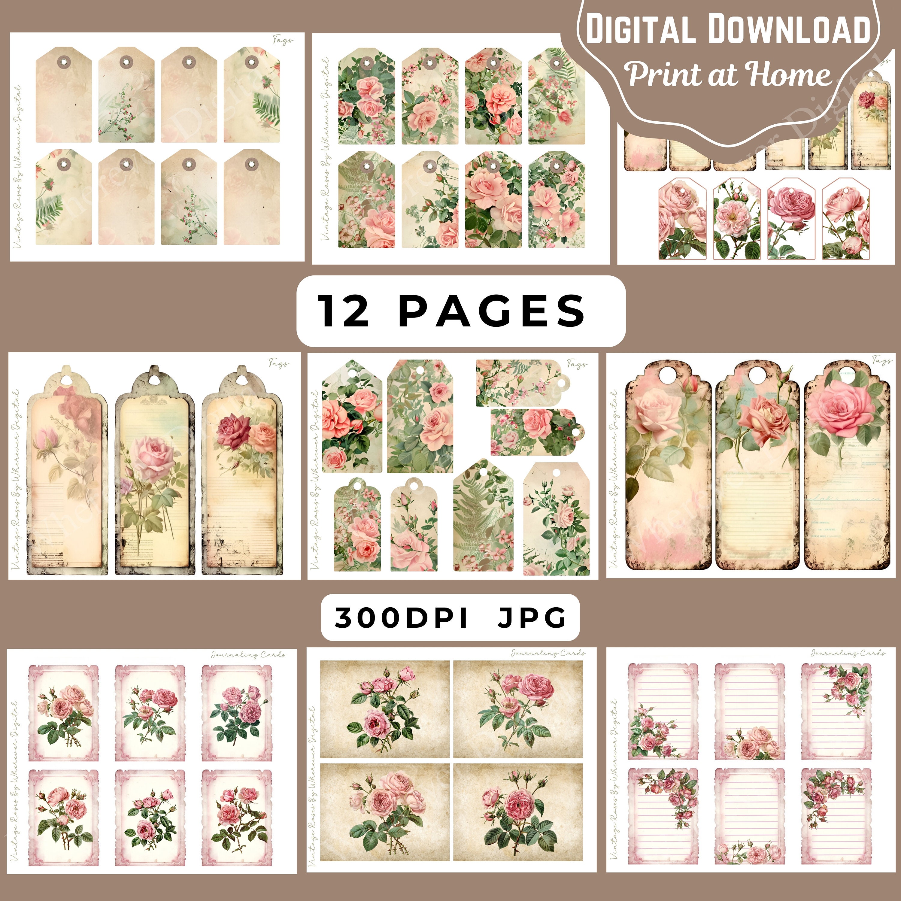 Vintage Roses Junk Journal Tags, Cards, Printable Shabby Chic Papers ...