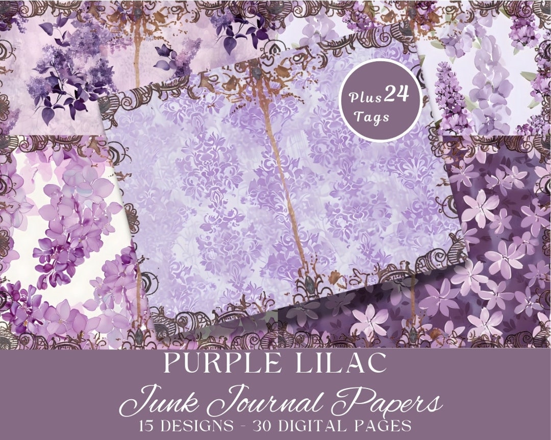 Purple Lilacs Junk Journal Pages, Printable Shabby Chic Papers, Junk Journal Backing, Digital ...