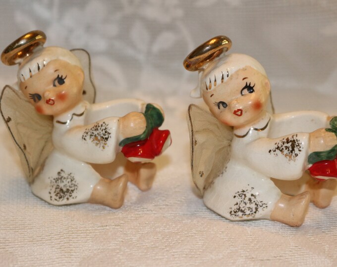 Lefton 1950s Angel Candle Hugger Holders Porcelain Mid Century Vintage ...