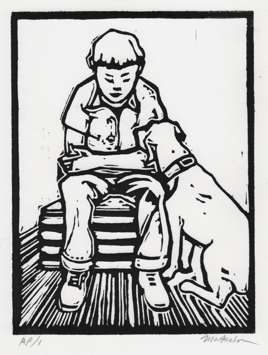 Signed Linocut Print, "boy With Dog" - Etsy