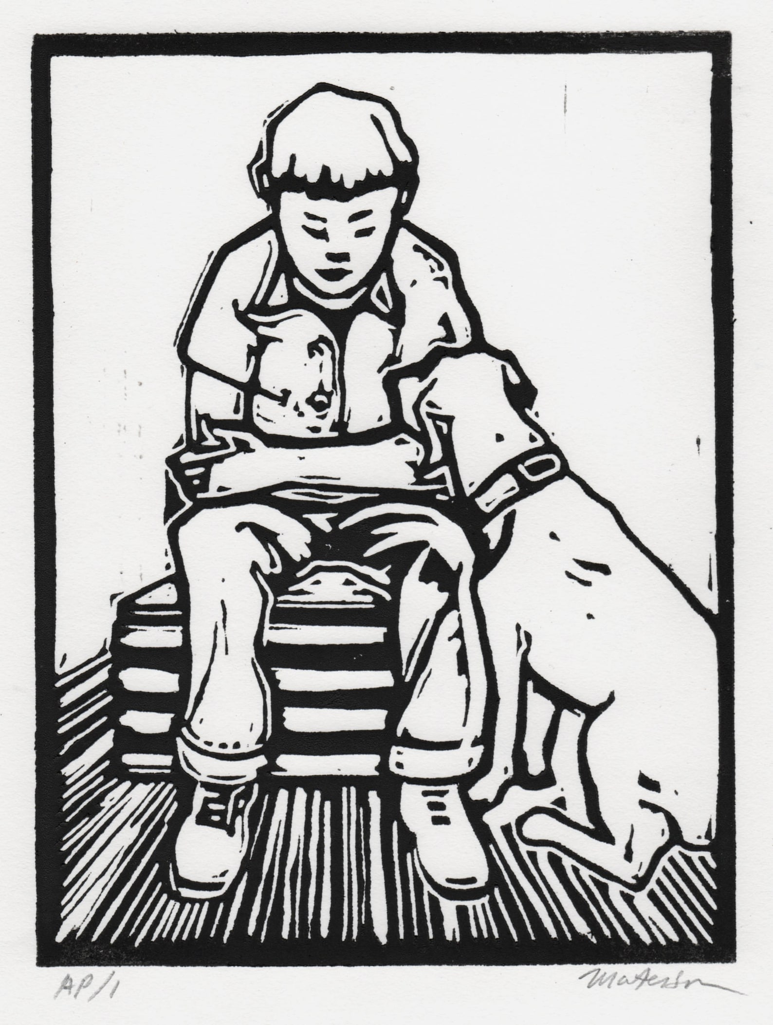 Signed Linocut Print, "boy With Dog" - Etsy