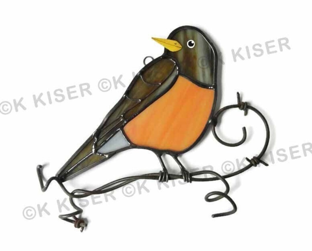 Stained Glass Robin Bird Suncatcher Perched on Barbed Wire Custom ...