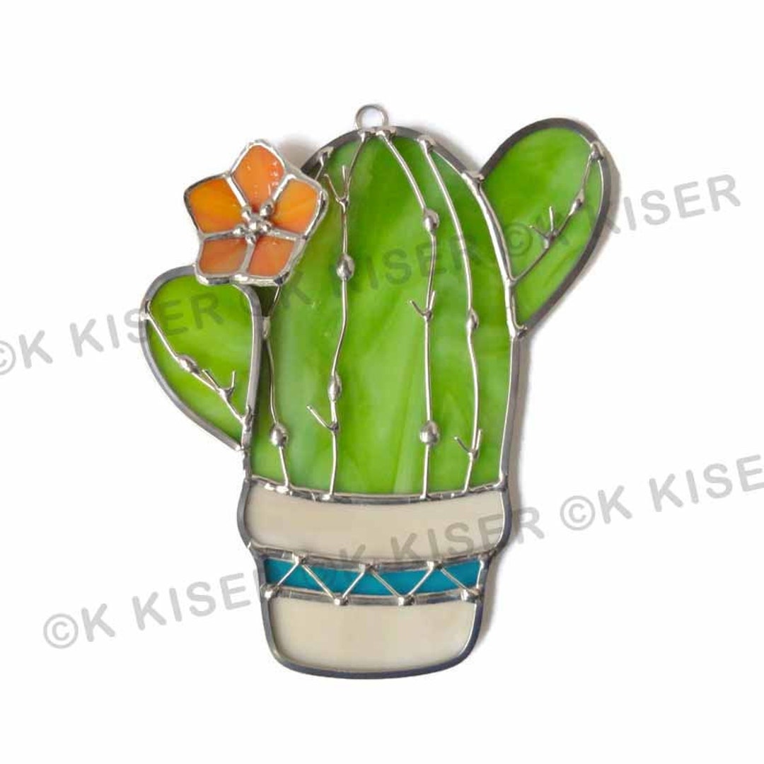 Stained Glass Potted Flowering Cactus Suncatcher Southwest Window ...