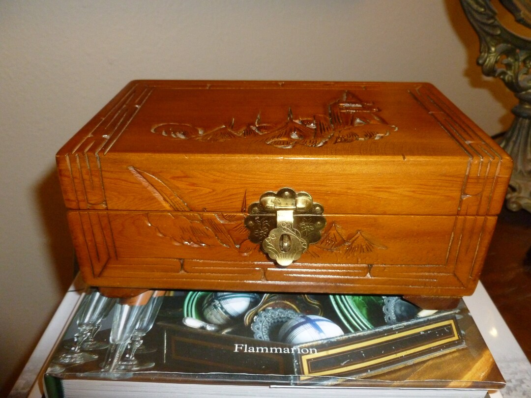 A Vintage Carved Wood Jewelry Box From the 1970's / Features A Pagoda ...