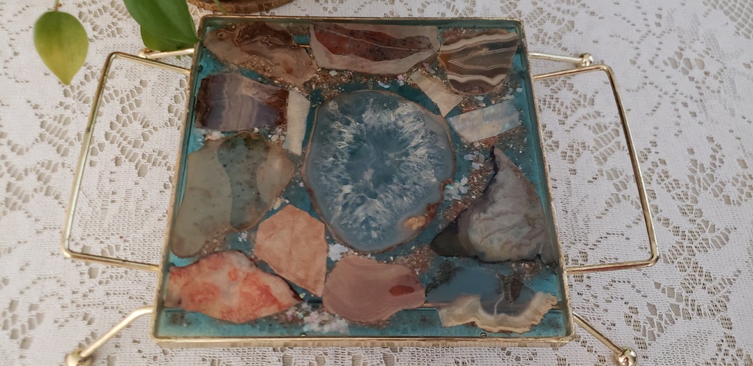 Vintage Resin Trivet With Lapidary Stone Slabs, Goldtone Metal Frame ...