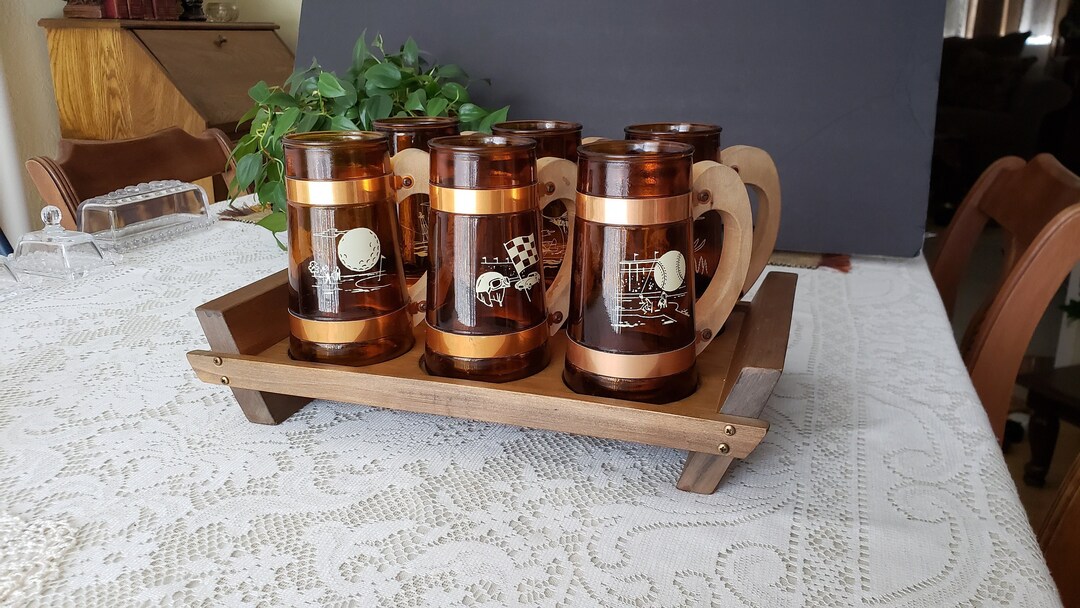 Vintage Set of 6 Siesta Ware Sports Motif Tumblers - Wood Handles ...