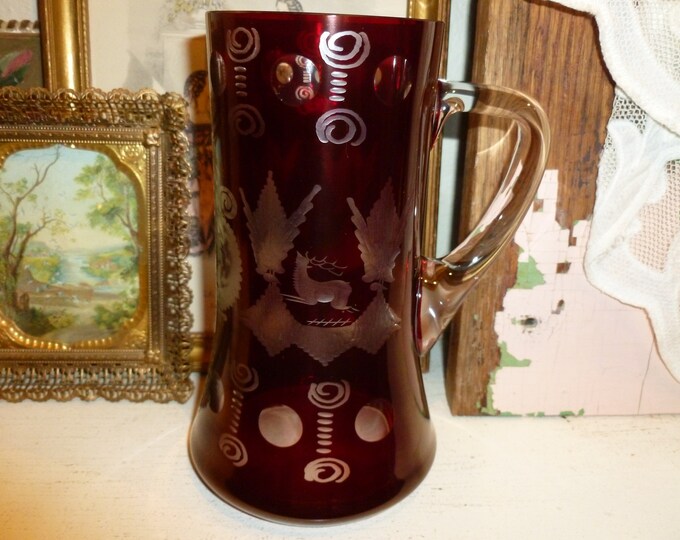 A Beautiful Vintage egermann Czech Republic Ruby Red Etched Glass Beer ...