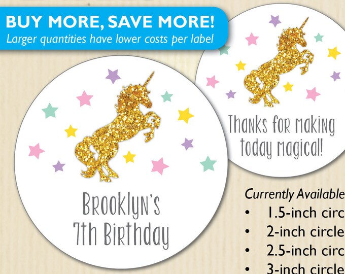 Gold Unicorn Stickers, Birthday Favor Label, Unicorn Party, Pastel ...