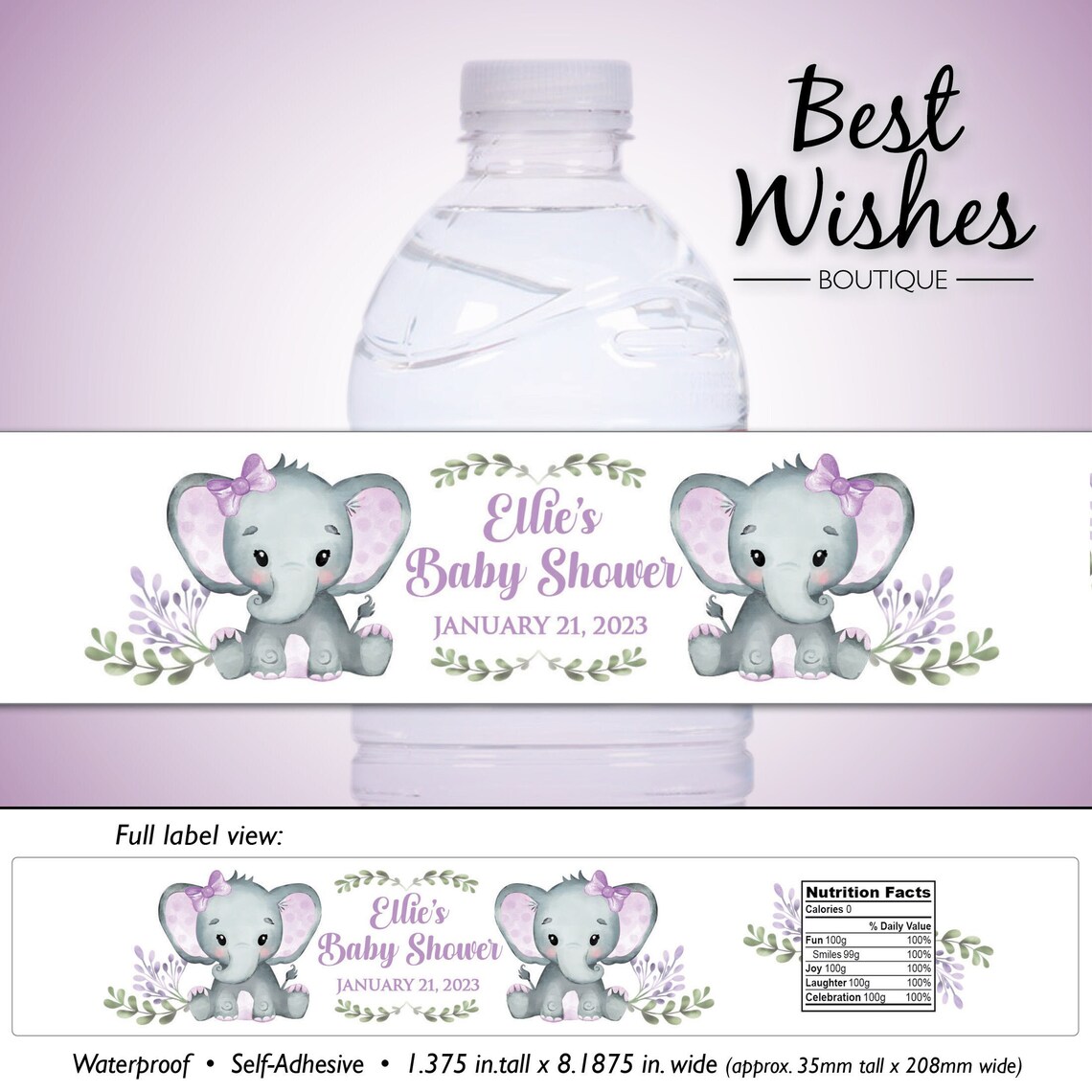 Printed Waterproof Elephant Water Bottle Labels, Lavender Baby Shower ...