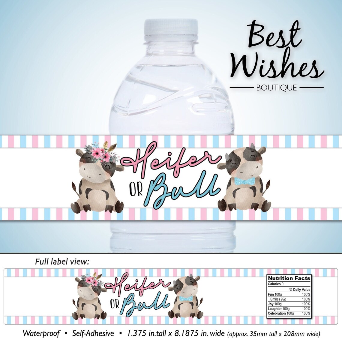 Waterproof Cow Water Bottle Labels, Heifer or Bull Gender Reveal Party ...