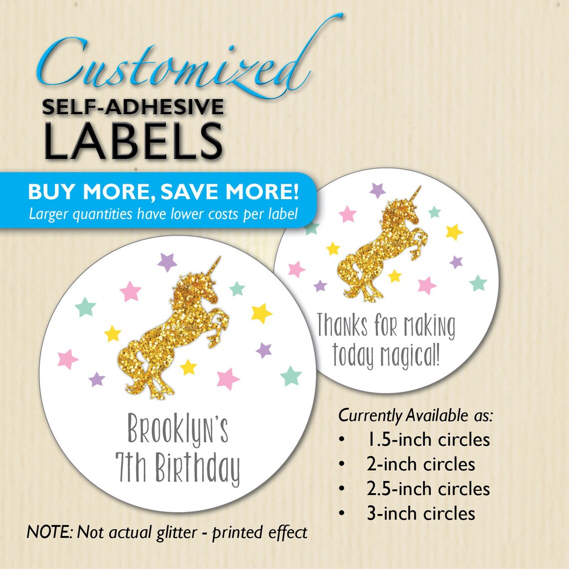 Gold Unicorn Stickers, Birthday Favor Label, Unicorn Party, Pastel ...