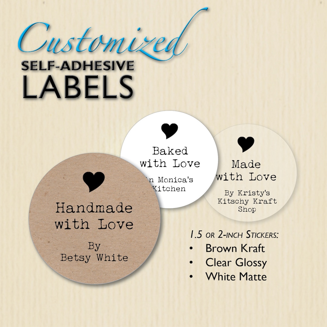 Custom Handmade With Love Stickers, Clear, Brown Kraft, Made With Love ...
