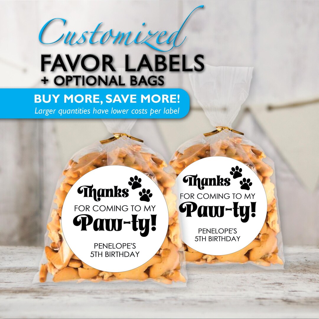 Paw Print Party Favor Labels +opt. Bags, Pet Birthday, Kitten Stickers ...