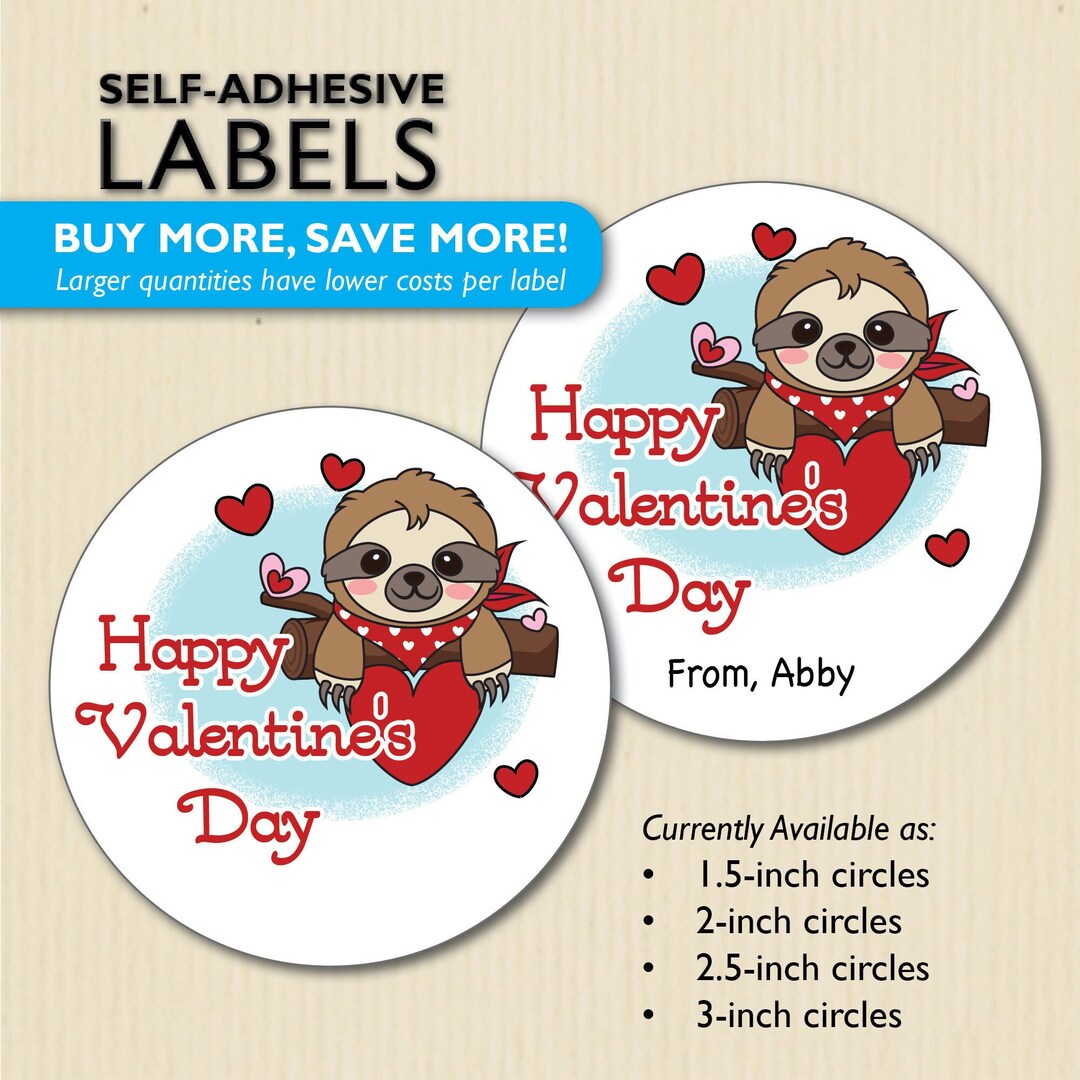 Sloth Valentine Stickers, Labels for Valentines Day Treat Bags ...