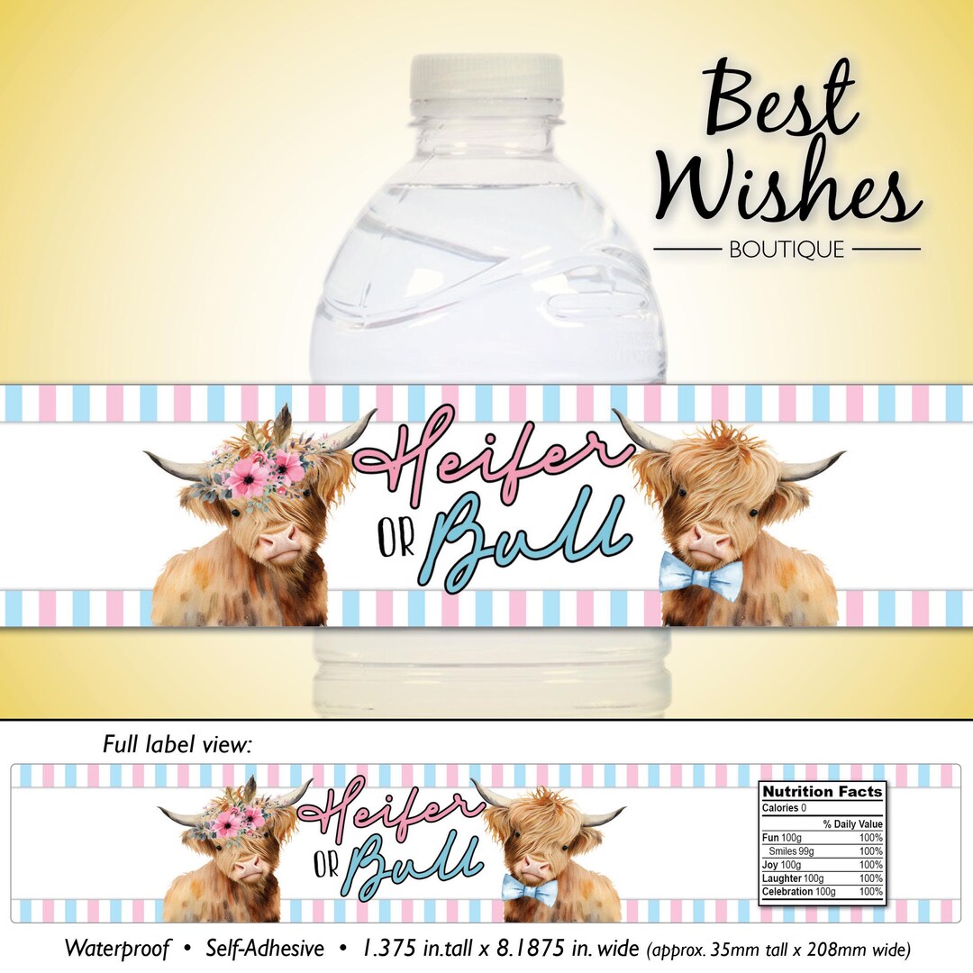 Highland Cow Water Bottle Labels, Heifer or Bull Gender Reveal Party ...