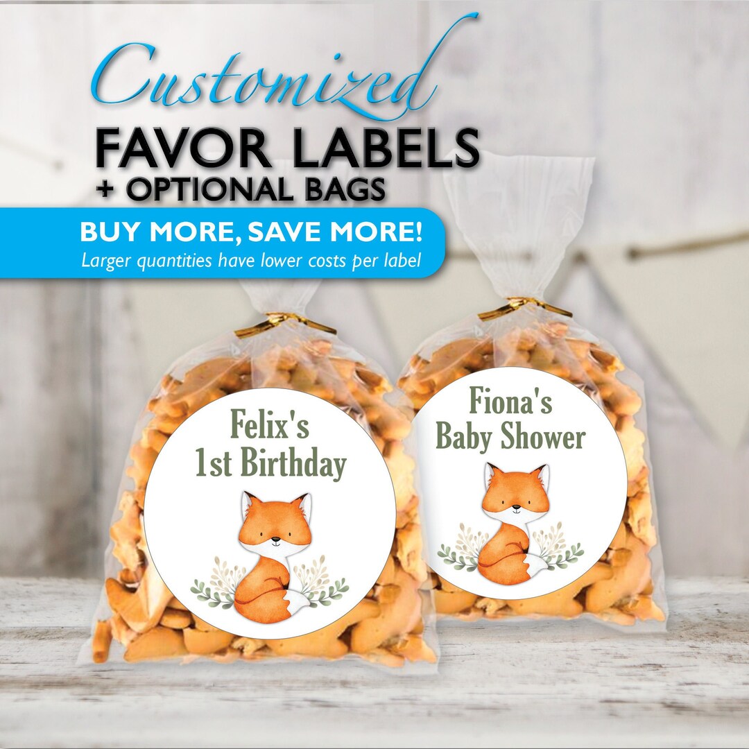 Fox Favor Labels +opt. Bags, Woodland Baby Shower Sticker, Forest ...