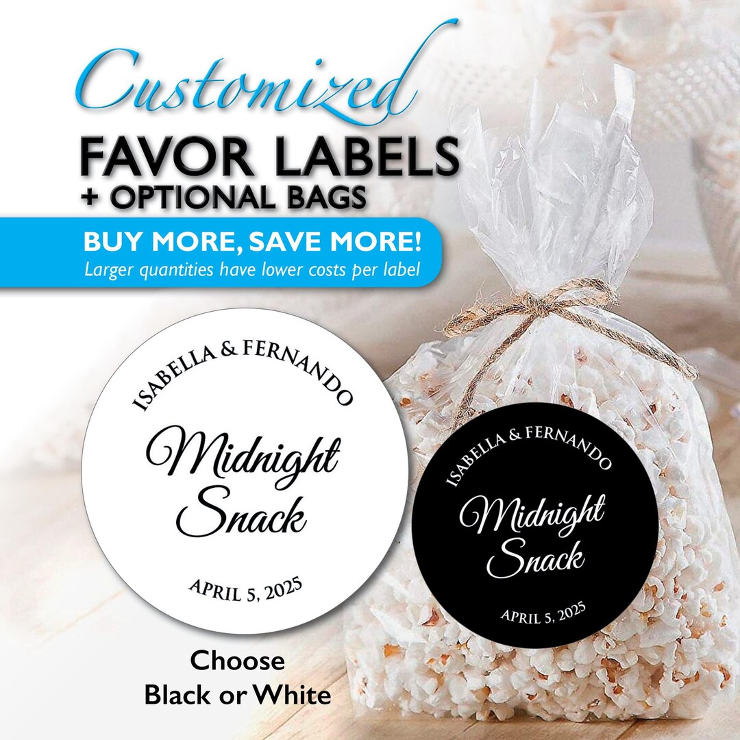 Midnight Snack Stickers, Wedding Labels With Rounded Text, Popcorn ...
