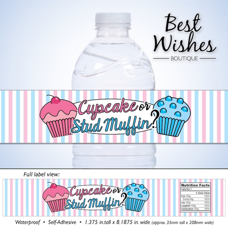 Waterproof Water Bottle Labels, Cupcake or Stud Muffin Gender Reveal ...