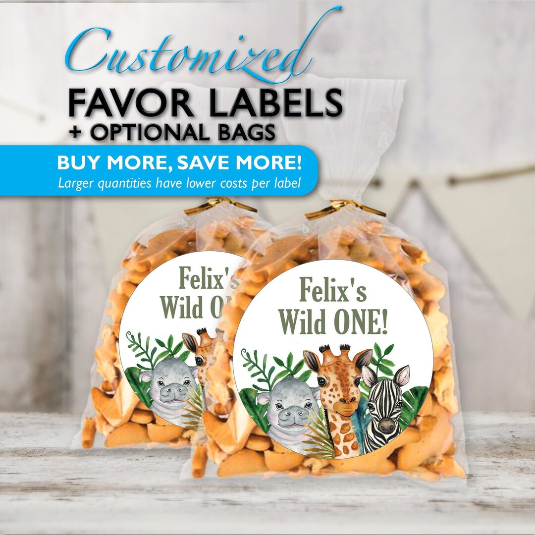 Jungle Wild One Favor Labels + Opt. Bags, Safari Animal Stickers ...