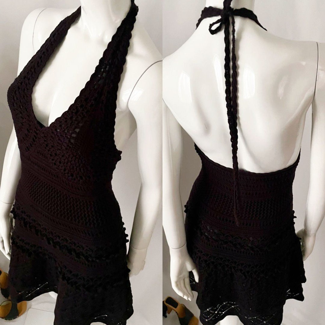 Vintage Y2K Crochet Halter Mini Dress - Etsy