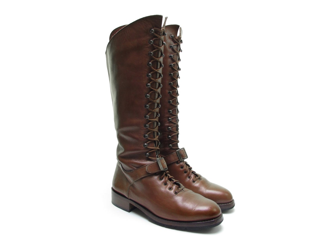 Handmade Italian Leather Lace-up Riding Boots - Cognac Brown - Tall ...