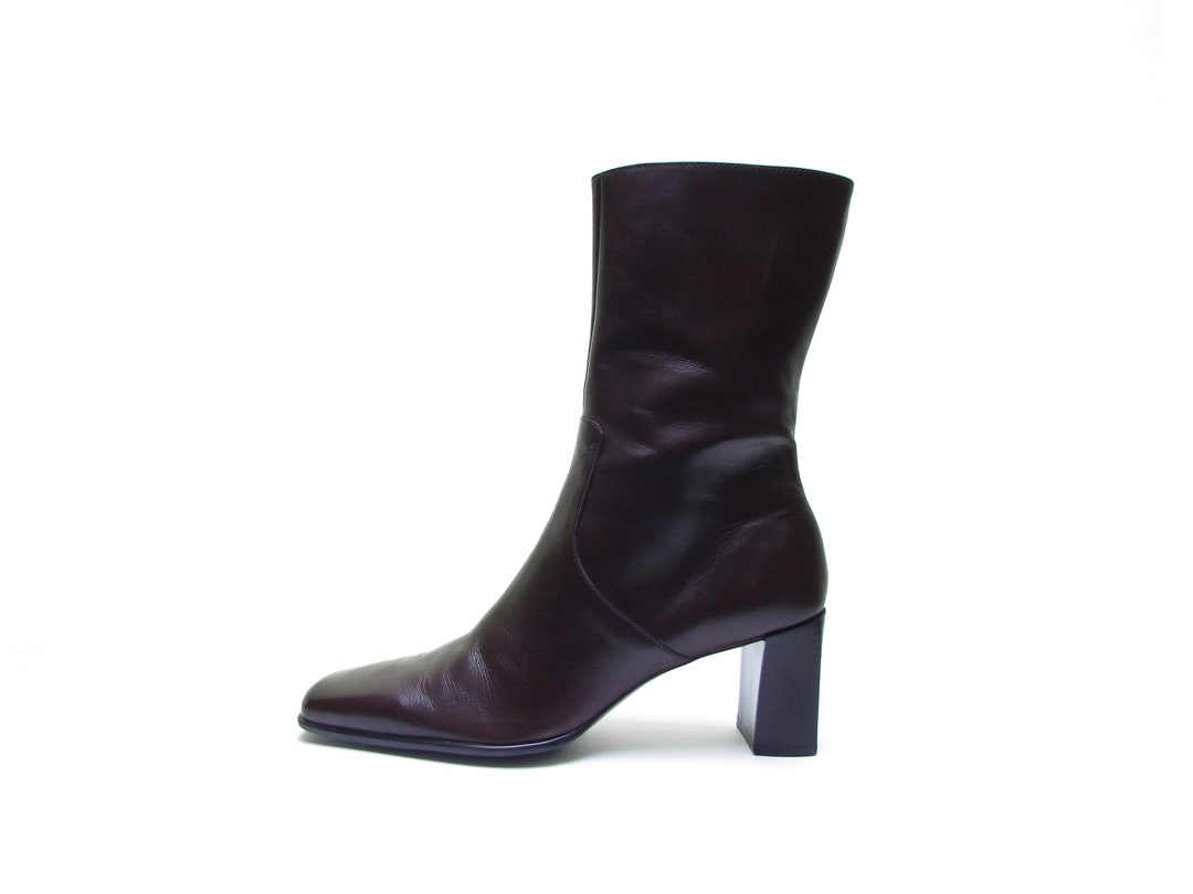 Vintage 90s Boots Square Toe Boots Chunky Heel Boots Brown Leather ...