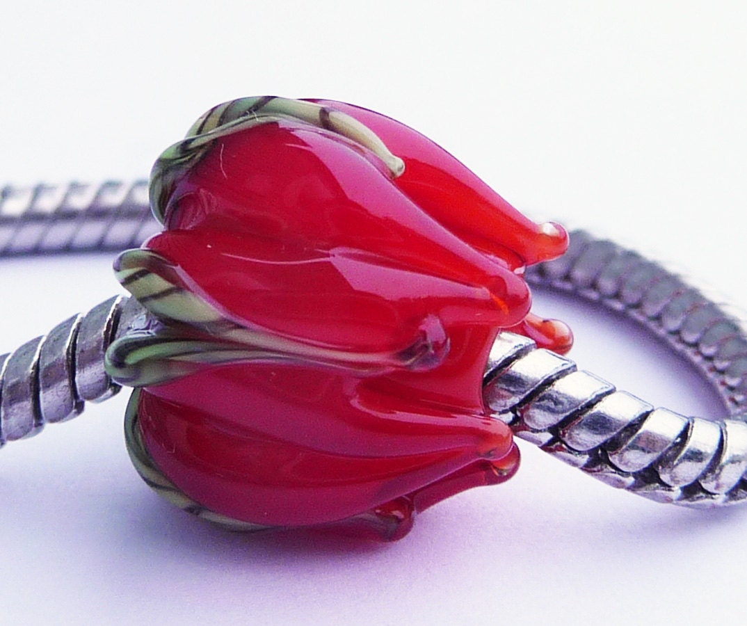 European Charm Bead Large Hole Bead Luscious Red Flower Bud - Etsy