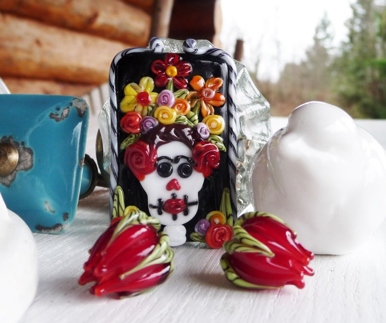 MTO Frida Kahlo Sugar Skull Tile Focal With Roses by Sabrina - Etsy