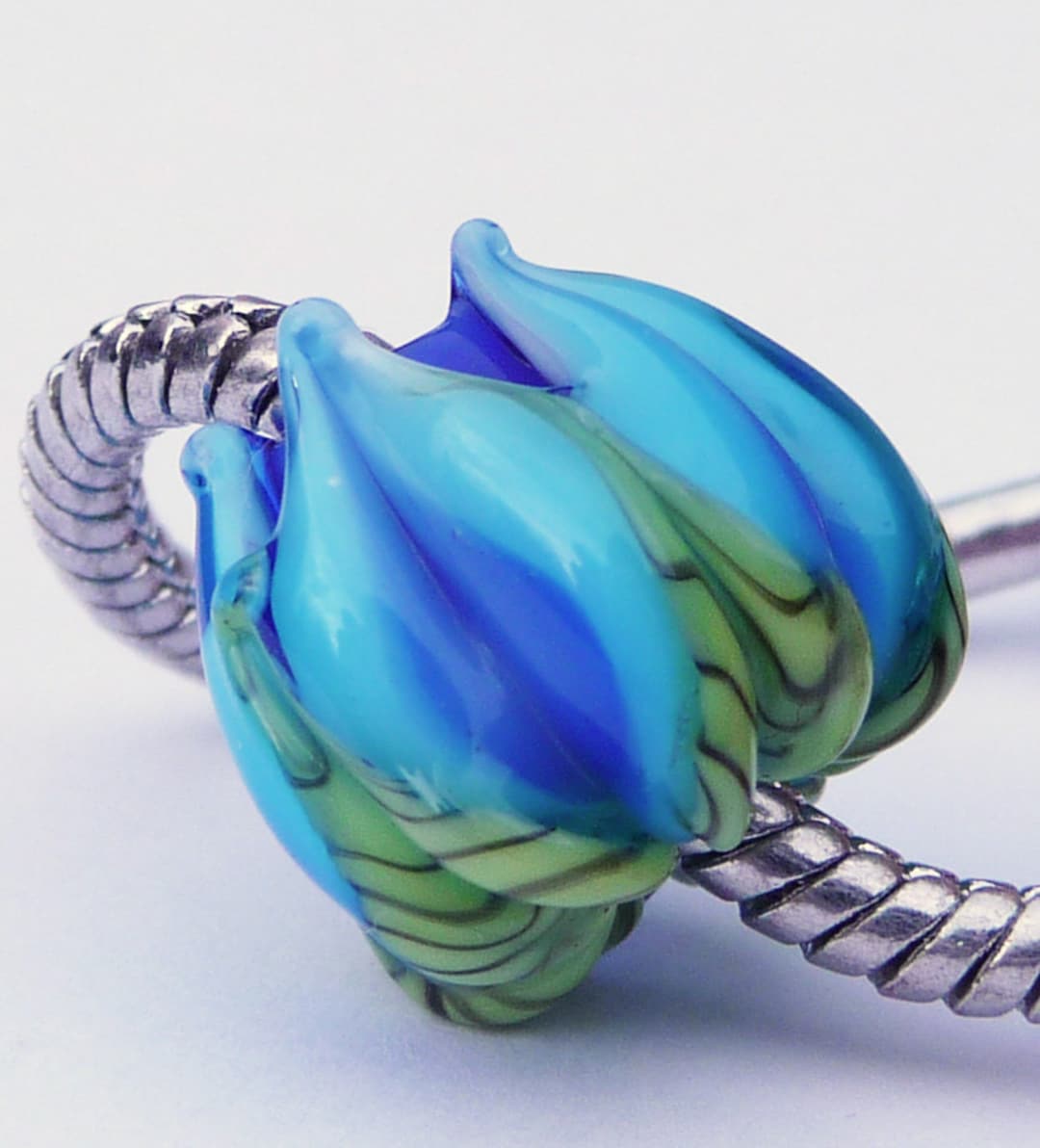 European Charm Bead, Large Hole Bead Capri Blue Flower Bud by Sabrina ...