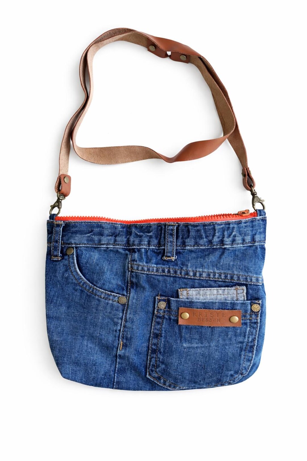 Upcycled Denim Crossbody Bag With Leather Strap - Etsy