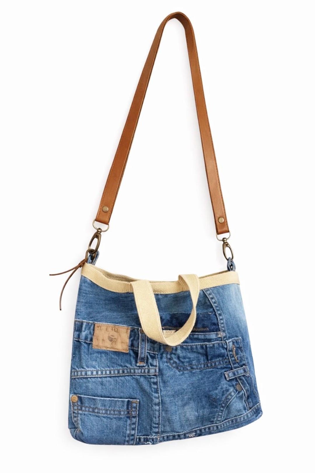 Upcycled Denim Shoulder Bag With Leather Strap - Etsy