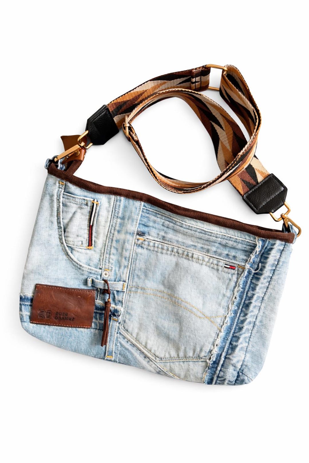 Upcycled Denim Crossbody Bag With Patterned Strap - Etsy