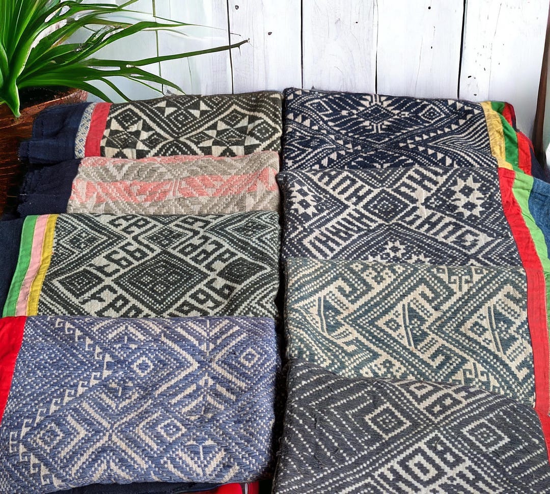 Vintage Woven Blanket Tribal Hmong Thai Throw Rug Cotton Blue White ...